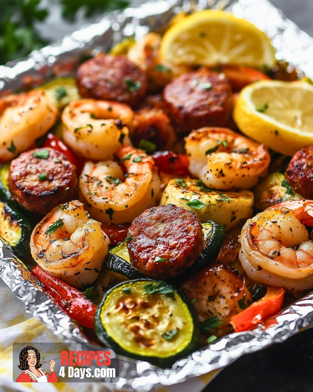 Shrimp, Zucchini and Spicy Italian Sausage Foil Pack
